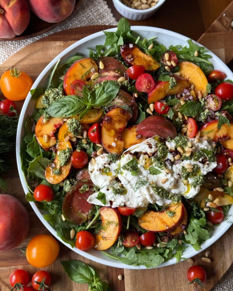 Peach Burrata Salad with Tomatoes • Pesto & Potatoes